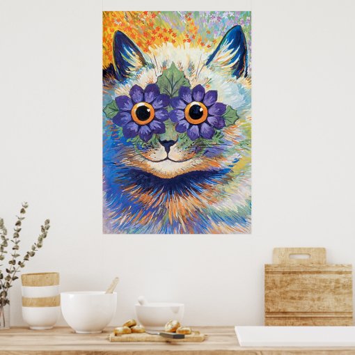 Vintage Flower Power Cat Art Poster Print | Zazzle