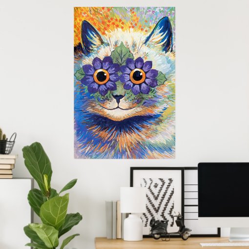 Vintage Flower Power Cat Art Poster Print | Zazzle