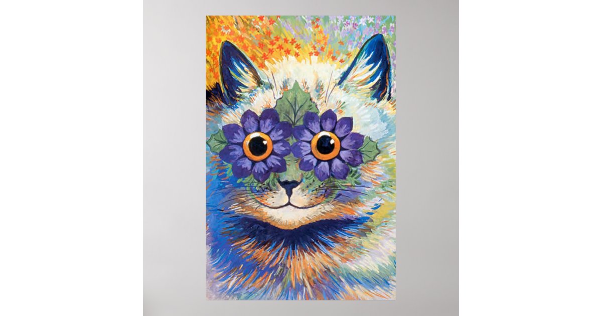 Vintage Flower Power Cat Art Poster Print | Zazzle