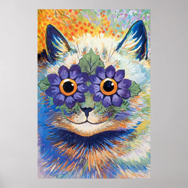 Vintage Flower Power Cat Art Poster Print | Zazzle
