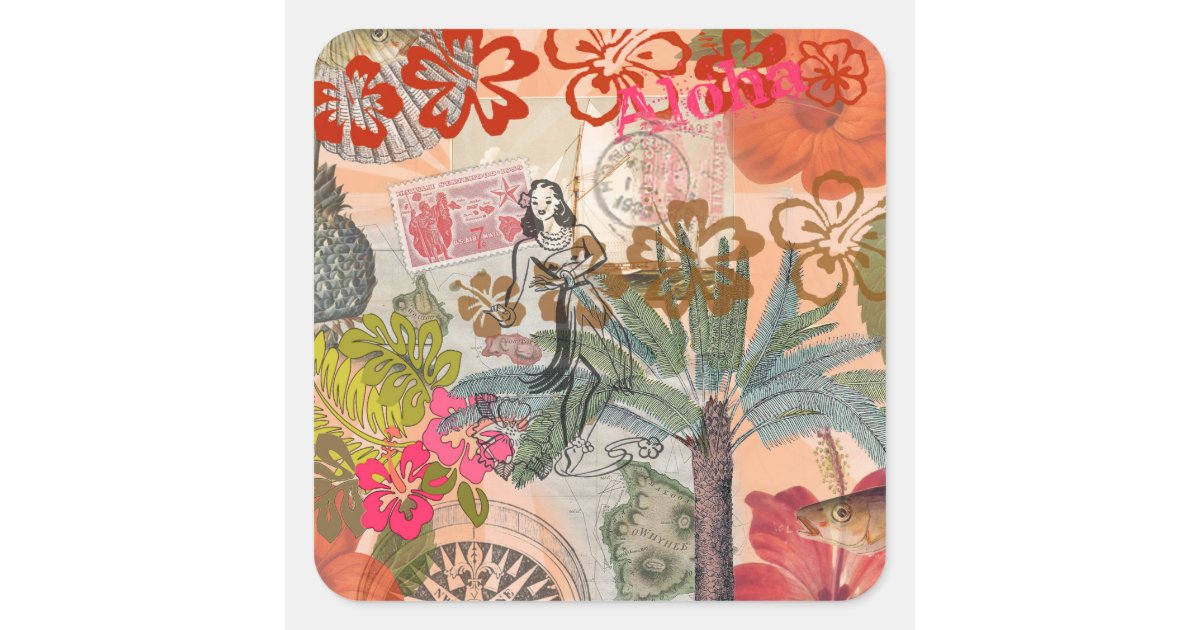 Vintage Flowers Hula Colorful Hawaiian Tropical Square Sticker | Zazzle