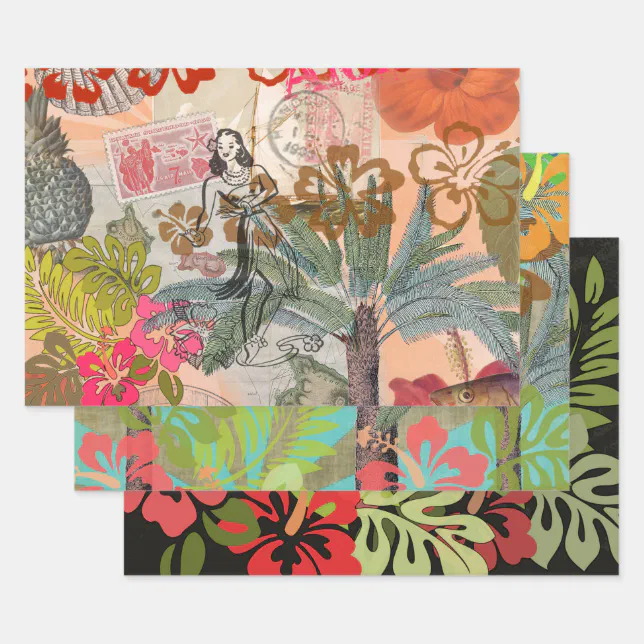 Vintage Flowers Hula Colorful Hawaiian Tropical Wrapping Paper Sheets ...