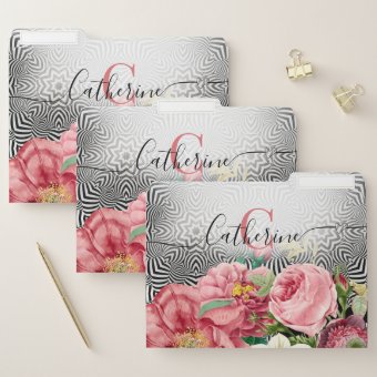 Vintage Flowers On Black White Name and Initial File Folder | Zazzle