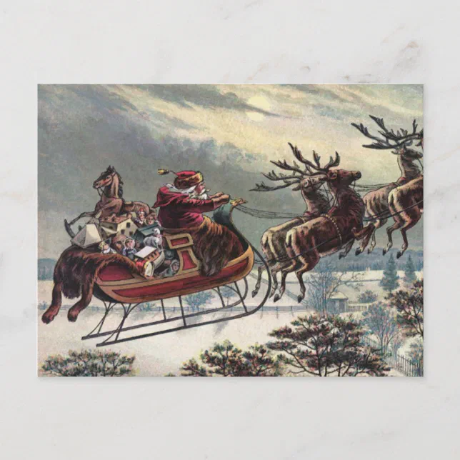Vintage Flying Santa Sleigh Reindeer Christmas Holiday Postcard | Zazzle