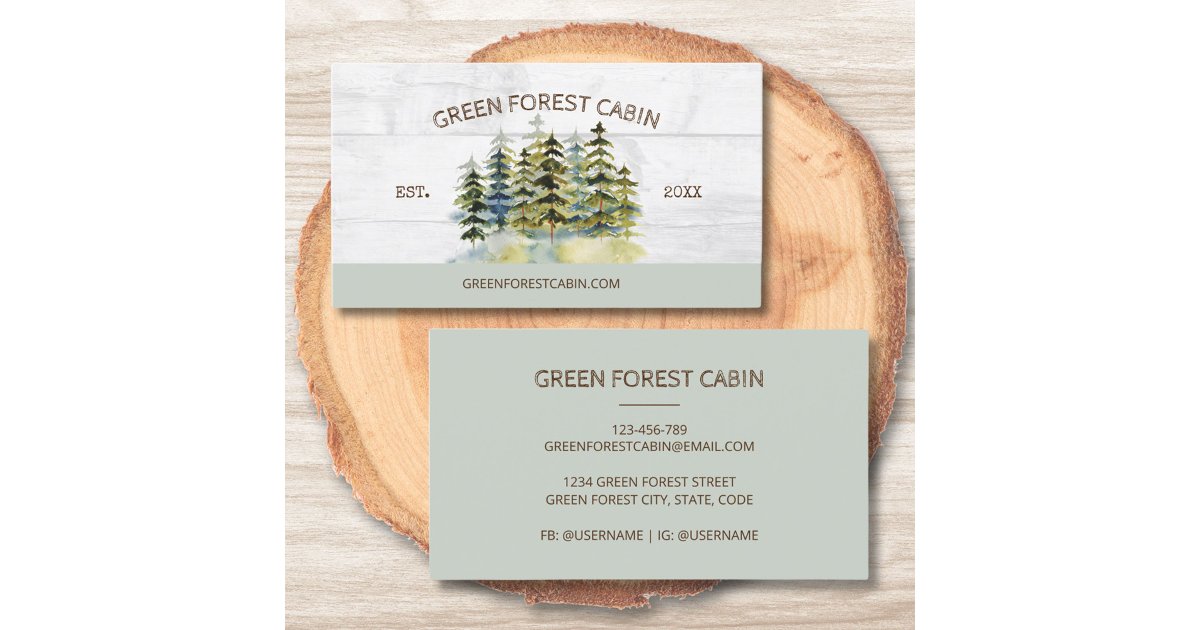 Vintage Foggy Green Forest Watercolor Cabin Lodge Business Card | Zazzle