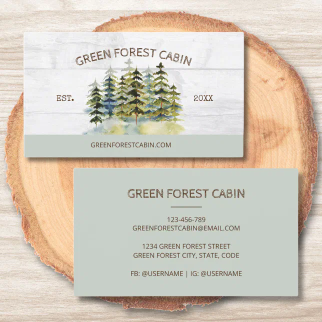 Vintage Foggy Green Forest Watercolor Cabin Lodge Business Card | Zazzle