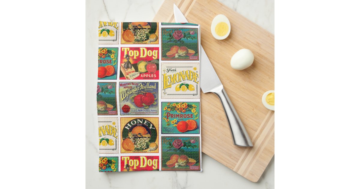 Vintage Food Labels Colorful Pattern Kitchen Towel | Zazzle