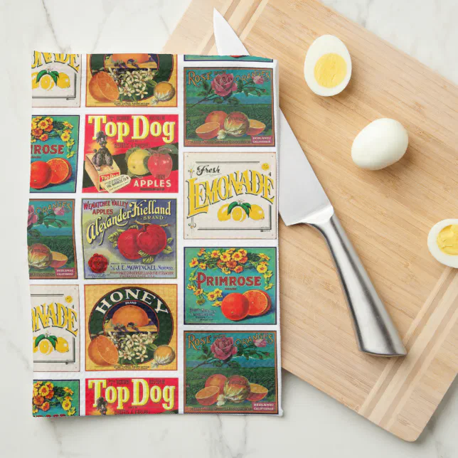 Vintage Food Labels Colorful Pattern Kitchen Towel | Zazzle