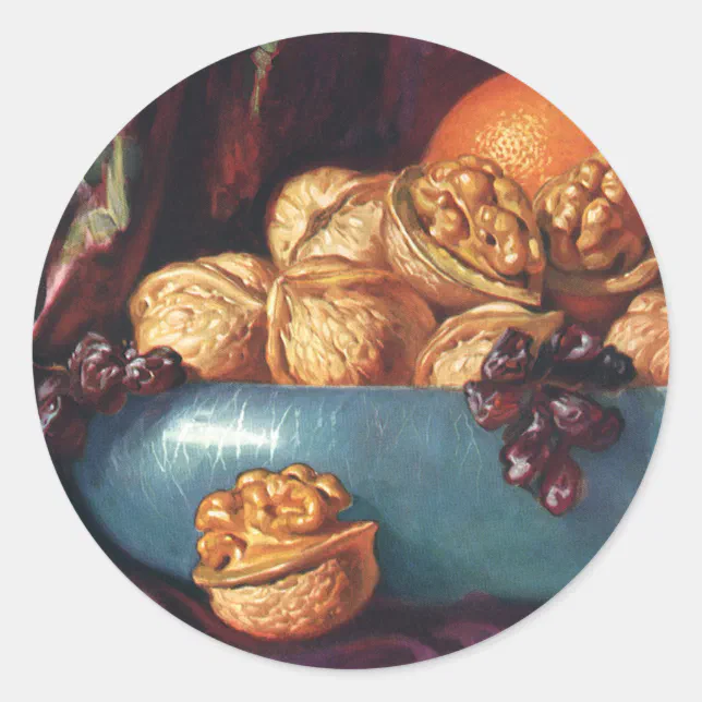 Vintage Food, Walnuts and Fruit in a Blue Bowl Classic Round Sticker ...