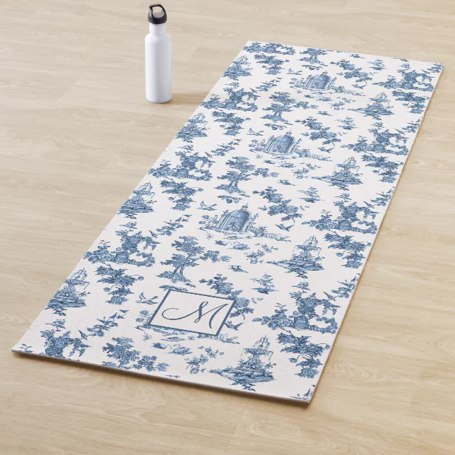 Vintage Fountains and Trees Toile w/Monogram-Blue Yoga Mat | Zazzle