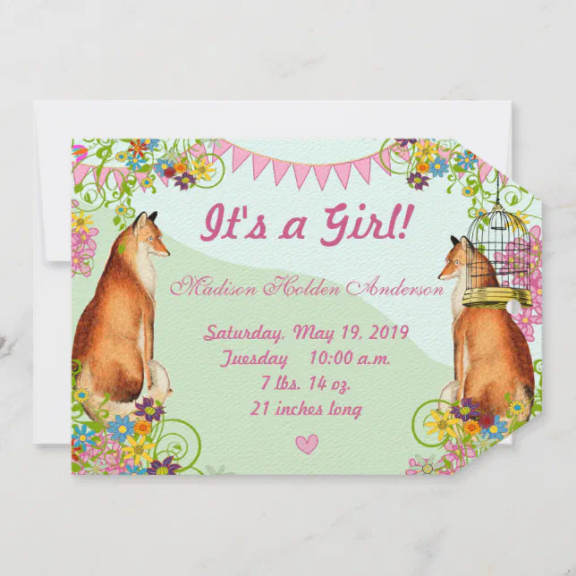 Vintage Fox Bunting Garden Baby Girl Announcement | Zazzle