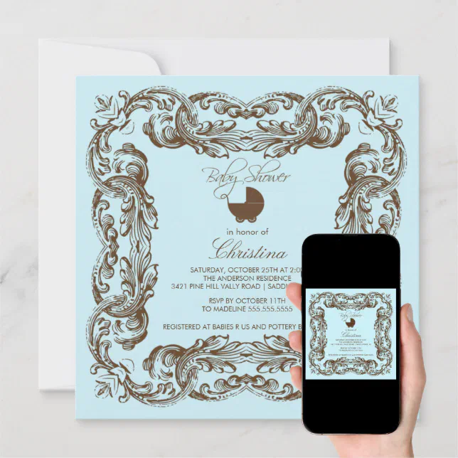 Vintage Frame Brown Blue Baby Shower Invitation | Zazzle
