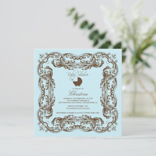 Vintage Frame Brown Blue Baby Shower Invitation | Zazzle