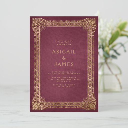 Vintage Frame Red Gold Wedding Invitation | Zazzle