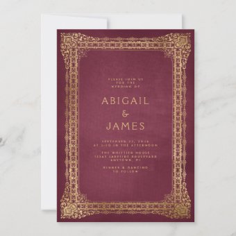 Vintage Frame Red Gold Wedding Invitation | Zazzle