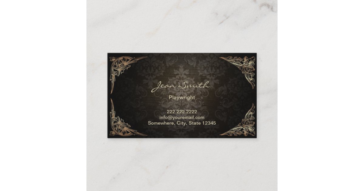 Vintage Framed Dark Damask Playwright Business Card | Zazzle