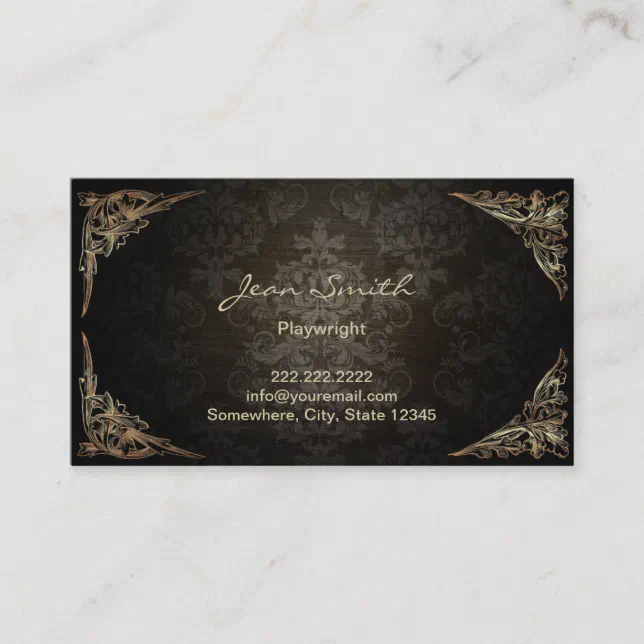 Vintage Framed Dark Damask Playwright Business Card | Zazzle