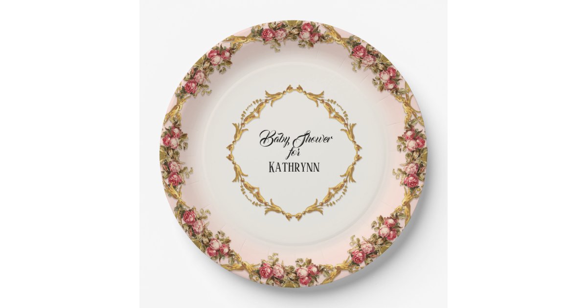 Vintage French Baby Shower Roses n Baroque Scrolls Paper Plates | Zazzle