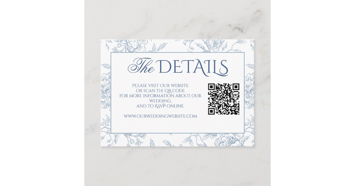 Vintage French Blue Floral Toile QR Code Website Enclosure Card | Zazzle