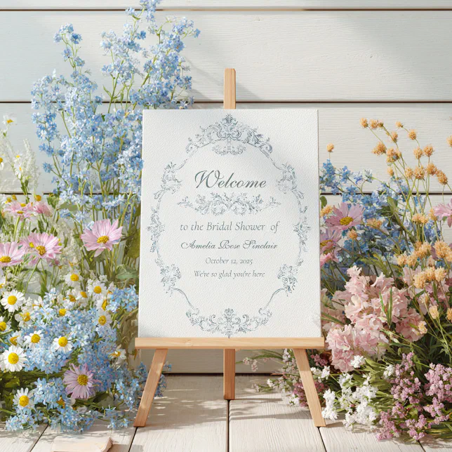 Vintage French Blue Frame Bridal Shower Welcome Poster | Zazzle