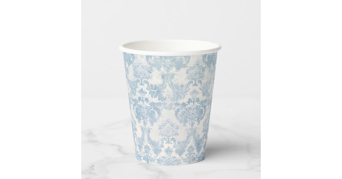 Vintage French Dusty Blue Damask Paper Cups | Zazzle