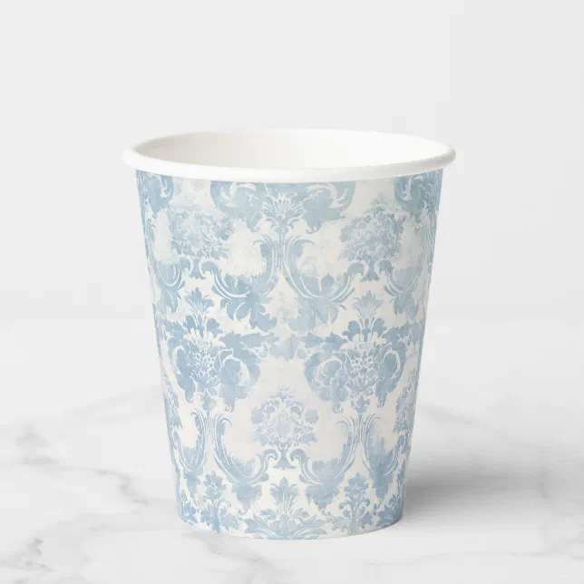 Vintage French Dusty Blue Damask Paper Cups | Zazzle