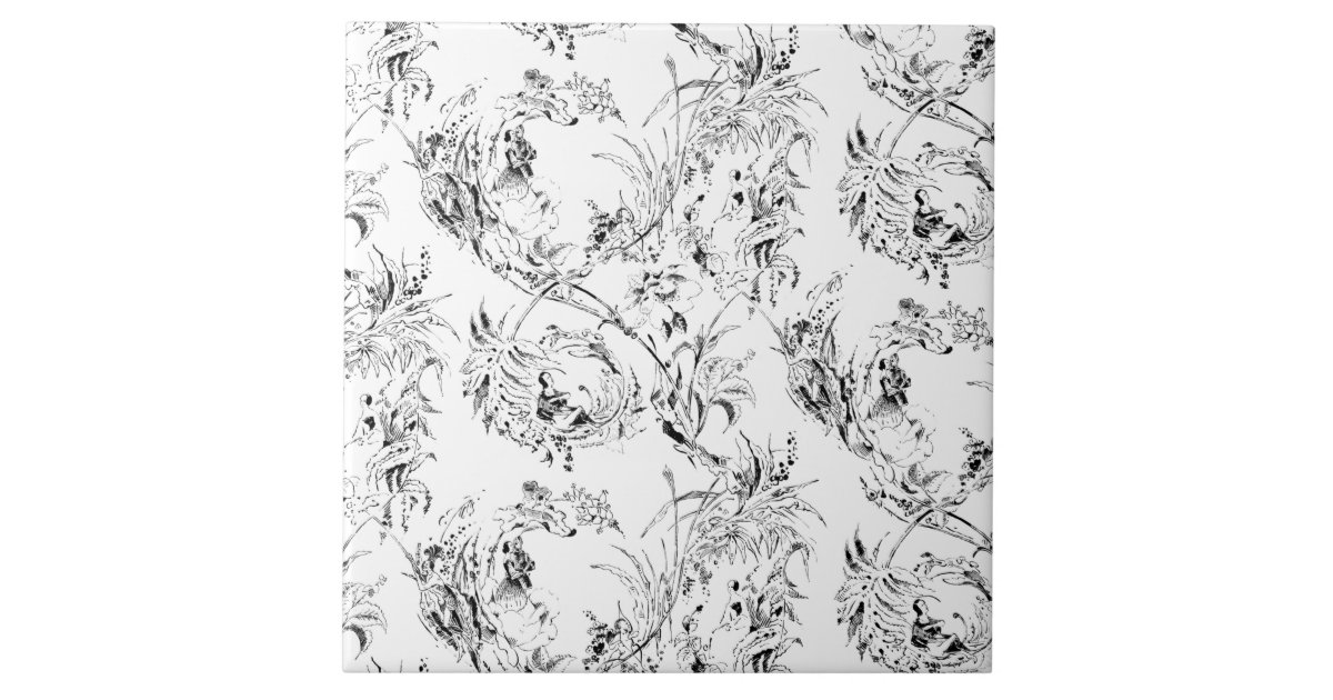 Vintage French Floral Fantasy Toile-Black Ceramic Tile | Zazzle