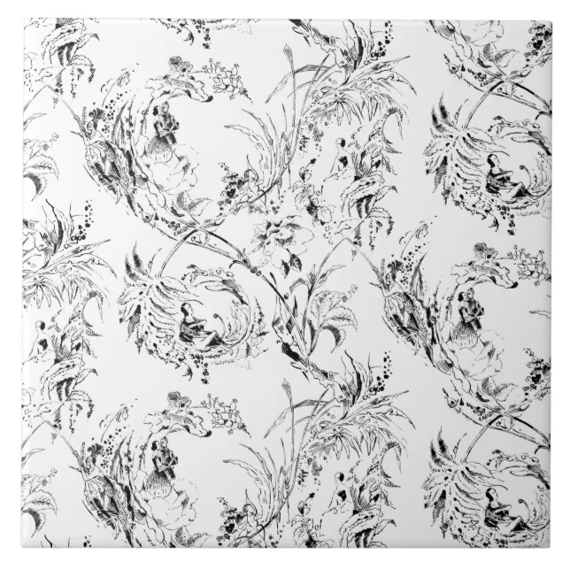 Vintage French Floral Fantasy Toile-Black Ceramic Tile | Zazzle