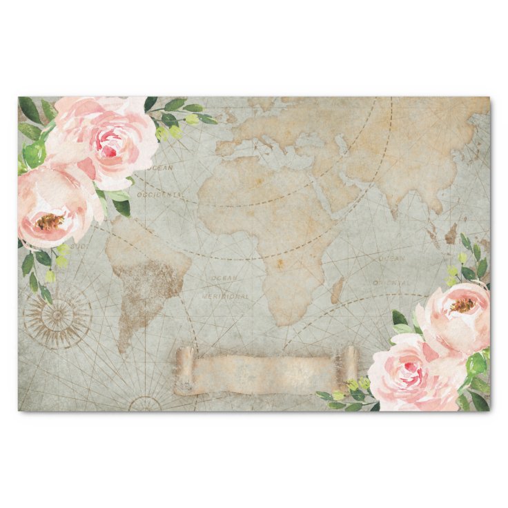 Vintage French Floral Rose Old World Map Decoupage Tissue Paper | Zazzle