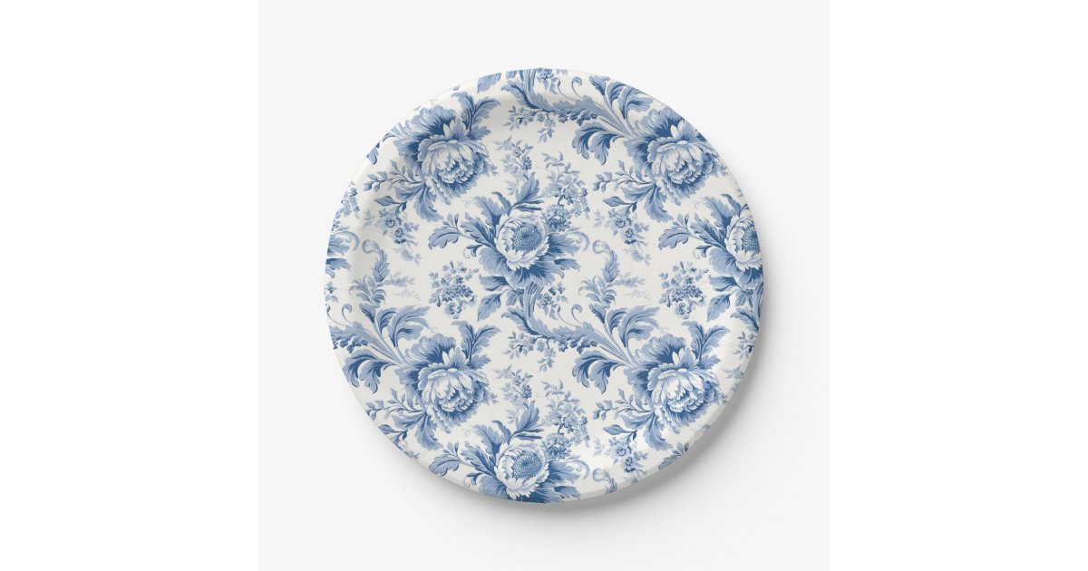 Vintage French Floral Toile Blue Paper Plates | Zazzle