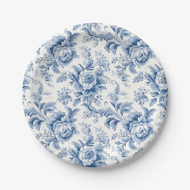 Vintage French Floral Toile Blue Paper Plates | Zazzle