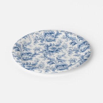 Vintage French Floral Toile Blue Paper Plates | Zazzle