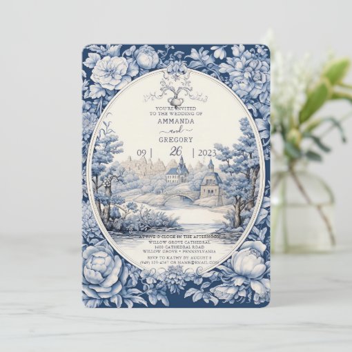 Vintage French Floral Toile Blue Wedding Invitatio Invitation | Zazzle