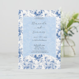 Vintage French Floral Toile Blue Wedding Invitation | Zazzle
