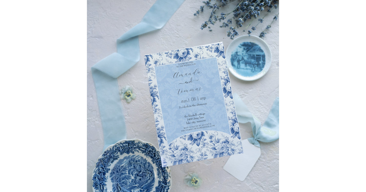 Vintage French Floral Toile Blue Wedding Invitation | Zazzle