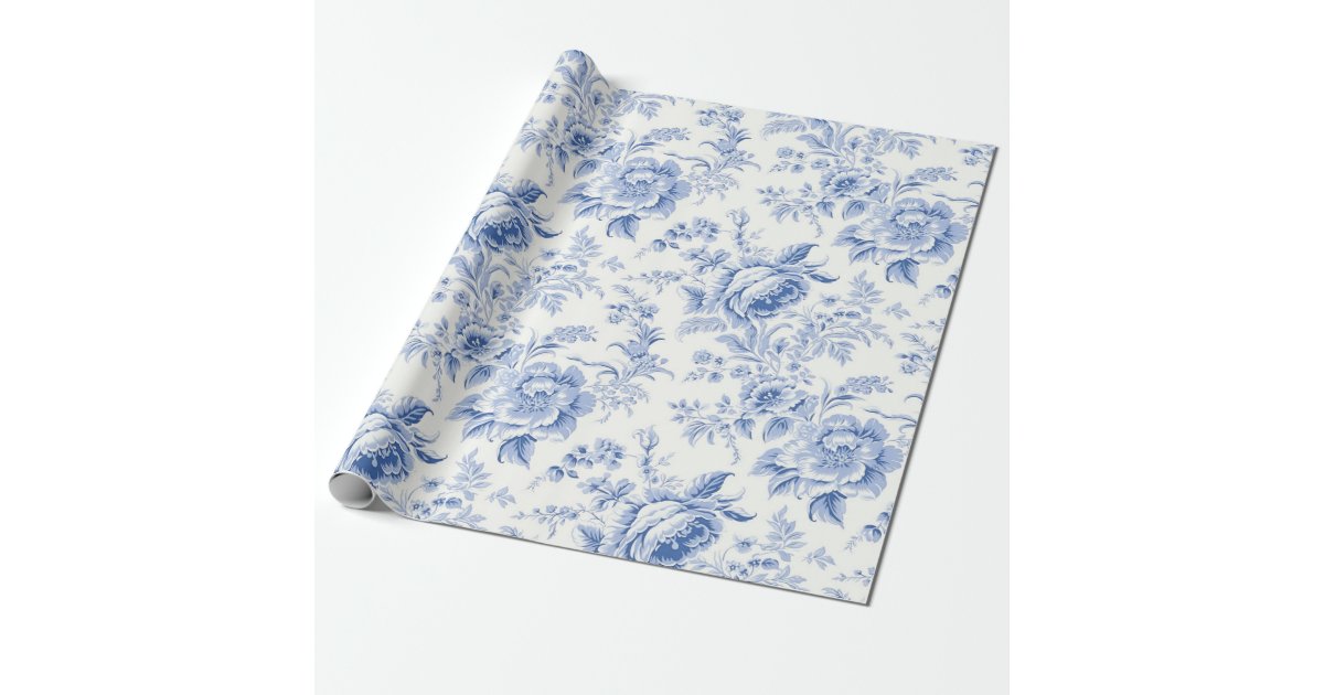 Vintage French Floral Toile Blue Wrapping Paper | Zazzle