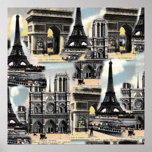 Vintage French Paris Travel Collage Eiffel Tower Poster | Zazzle