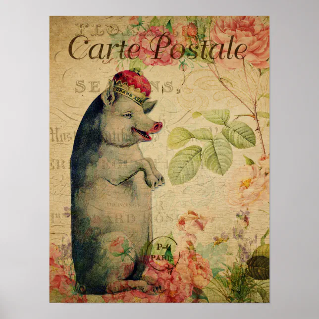 Vintage French Postcard Pig With Crown Poster | Zazzle
