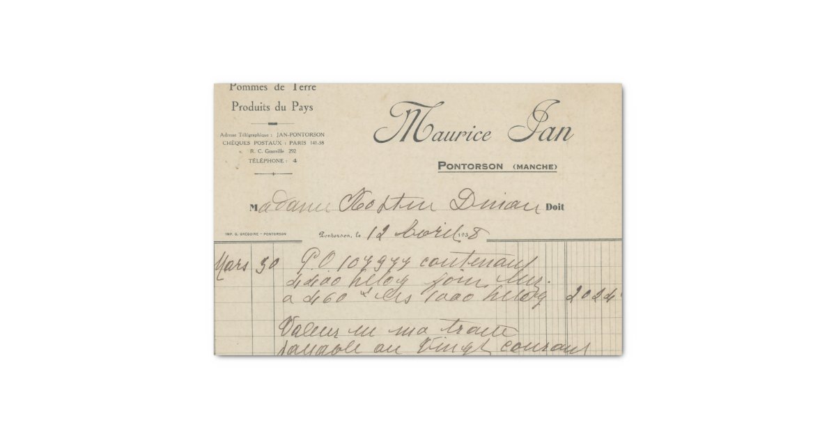 Vintage French Receipt Tissue Paper | Zazzle