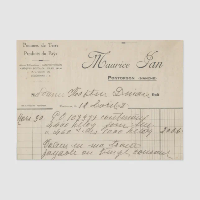 Vintage French Receipt Tissue Paper | Zazzle