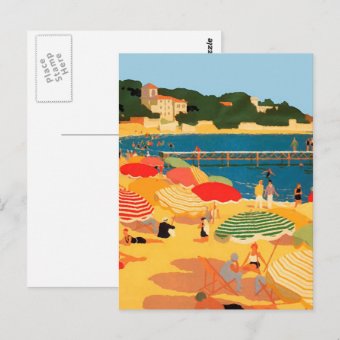 Vintage French Riviera Beach Illustration Postcard | Zazzle