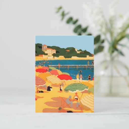 Vintage French Riviera Beach Illustration Postcard | Zazzle