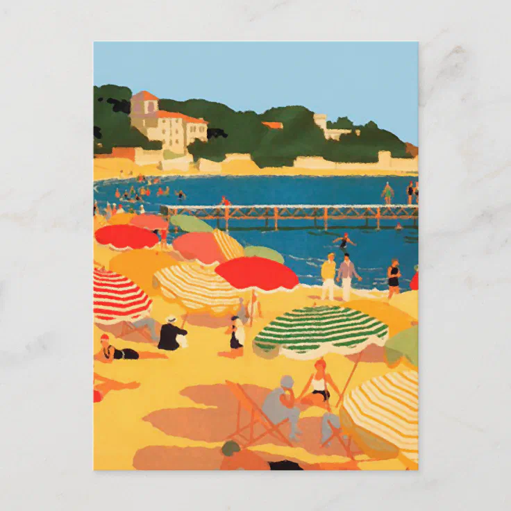 Vintage French Riviera Beach Illustration Postcard | Zazzle