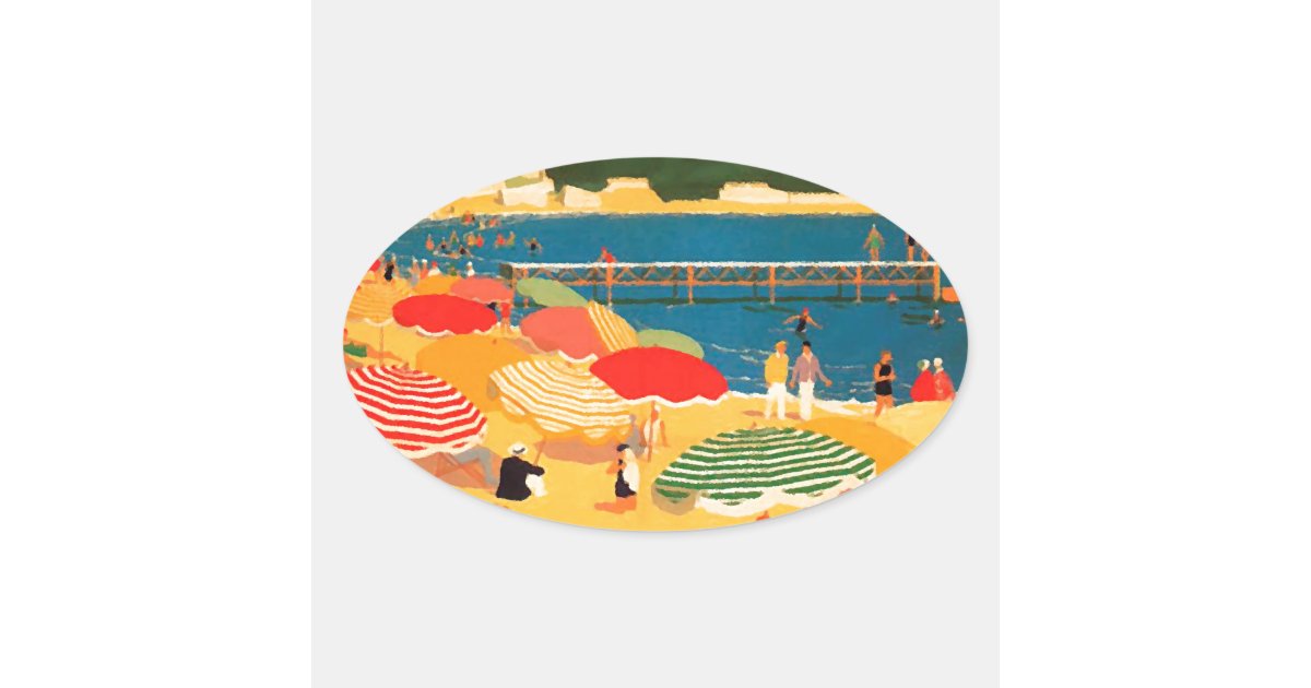Vintage French Riviera Beach Oval Sticker | Zazzle