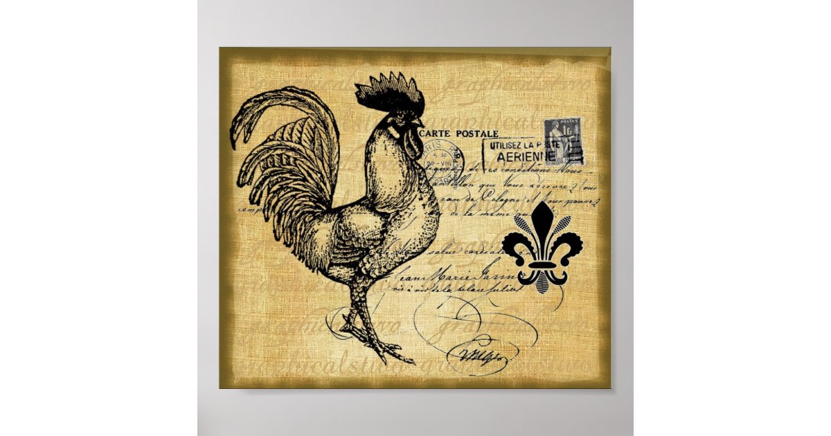 Vintage French Rooster On Burlap Poster | Zazzle