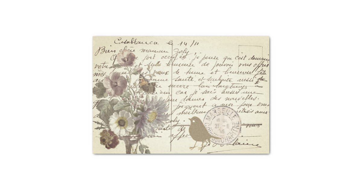 Vintage French Script Postcard with Flowers Tissue Paper | Zazzle