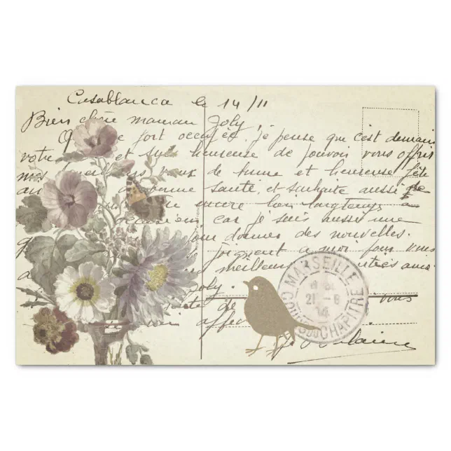 Vintage French Script Postcard with Flowers Tissue Paper | Zazzle