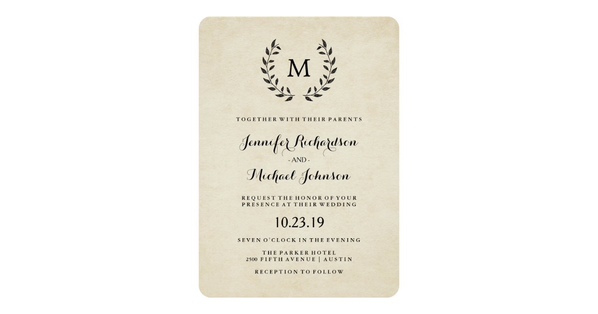Vintage French Style Wreath And Monogram Wedding Invitation
