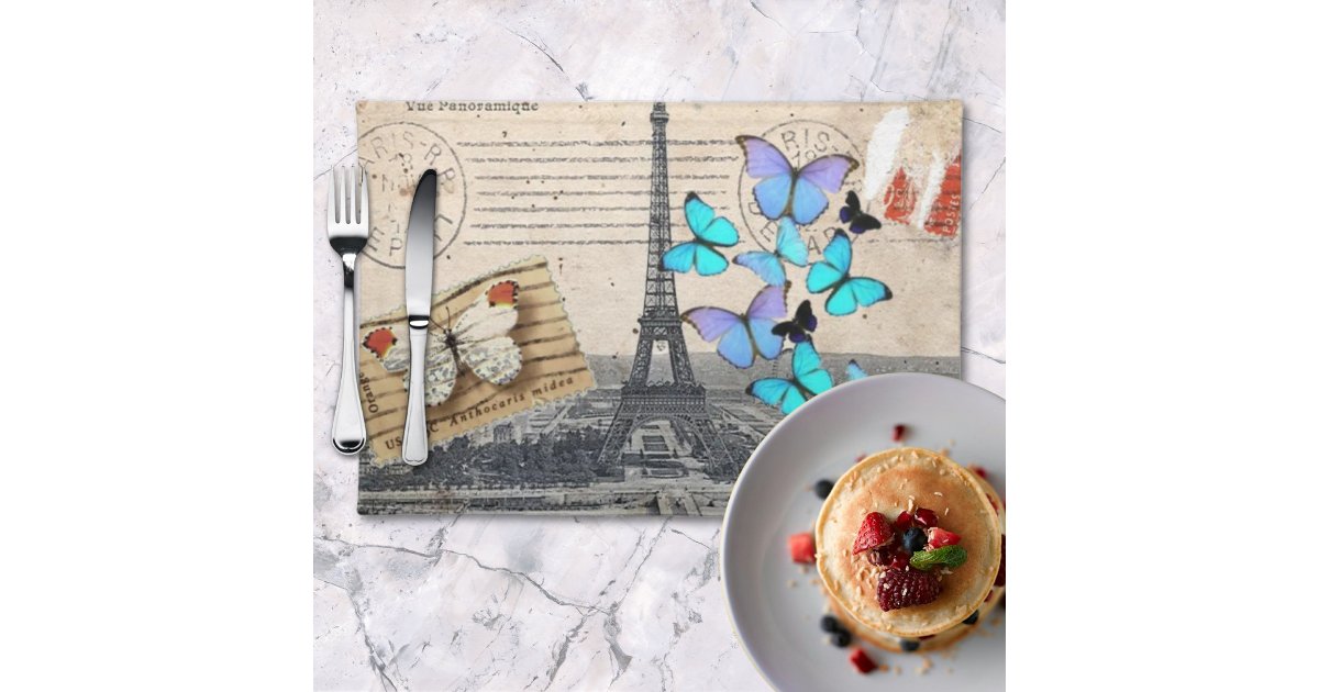 Vintage French Travel Butterfly Paris Eiffel Tower Cloth Placemat | Zazzle