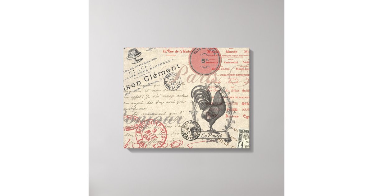 Vintage French Writing Paris Rooster typography Canvas Print | Zazzle